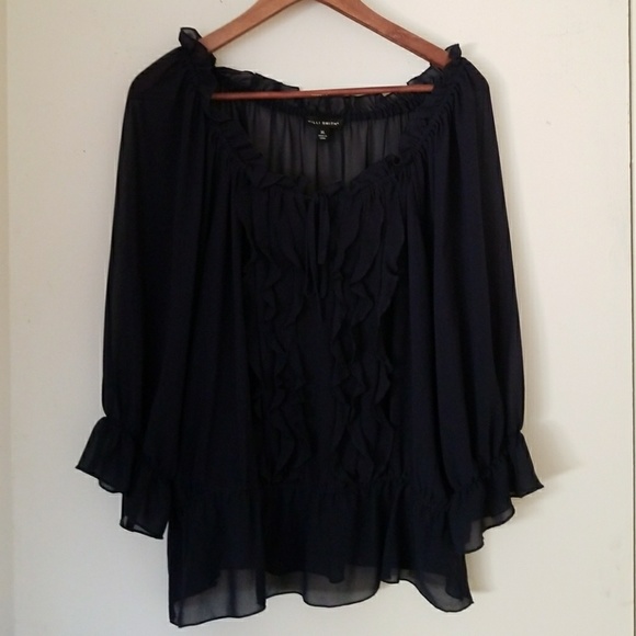 Willi Smith | Tops | Willi Smith Sheer Dark Blue Flowy Ruffle Top ...